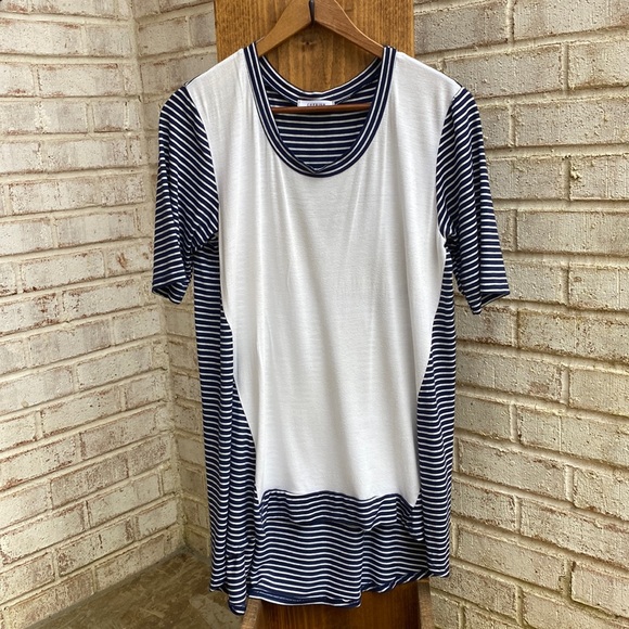 Cherish | Tops | Navy Blue Striped Tee Shirt Tunic With White Front ...